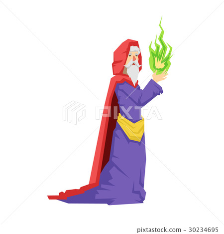 Old wizard in a red cape holding green magic ball - Stock Illustration ...