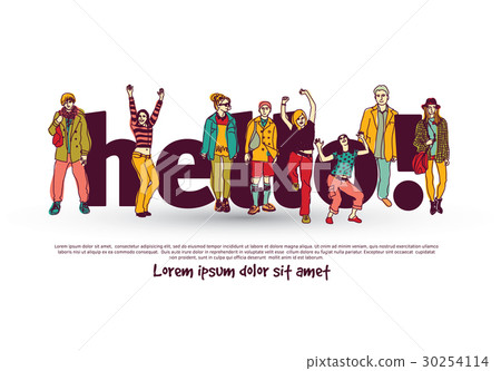 Hello team group people isolate and sign. - Stock Illustration ...