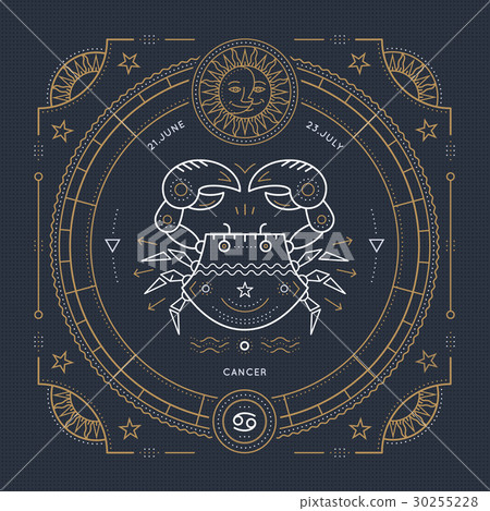 Vintage thin line Cancer zodiac sign label. - Stock Illustration ...