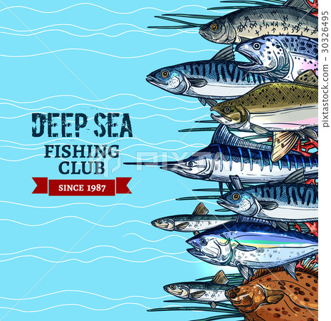 Sea fishing club poster design with fish sketches - Stock Illustration ...