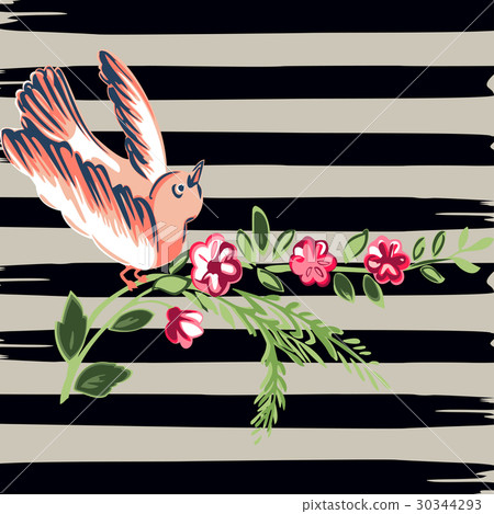 Hand drawn bird flying with flower roses tropical - Stock Illustration ...