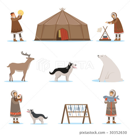 Eskimo characters in traditional clothing, arctic - Stock Illustration ...