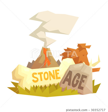 Stone age elements, volcanic eruption, mammoth - Stock Illustration ...