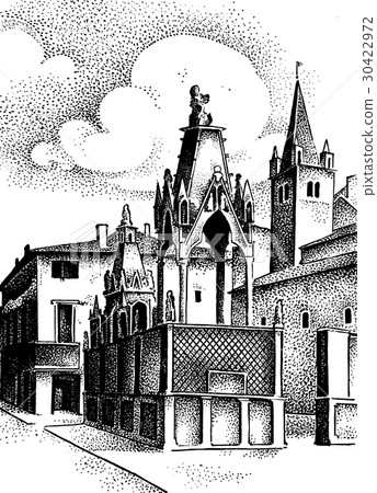 medieval hand drawn city with castle and wall - Stock Illustration ...