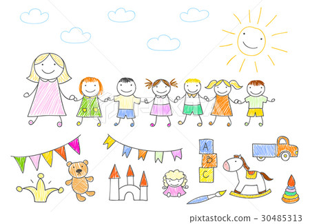 Kindergarten teacher walking outdoor with kids - Stock Illustration ...