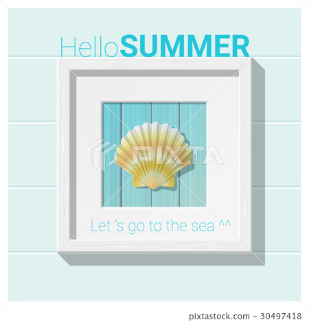 Hello summer background with seashell wall art - Stock Illustration ...
