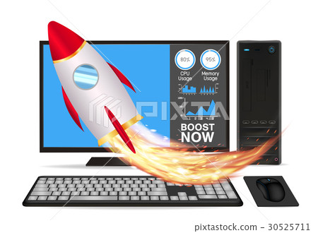 boost speed desktop computer with toy rocket - Stock Illustration ...