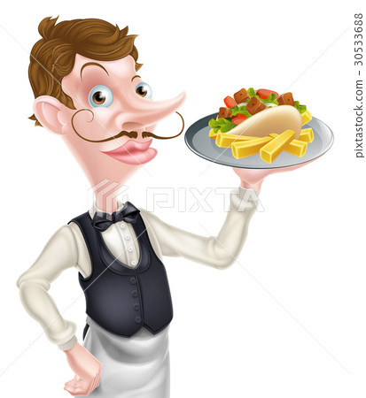Cartoon Waiter Butler Holding Kebab and Fries-插圖素材 [30533688] - PIXTA圖庫