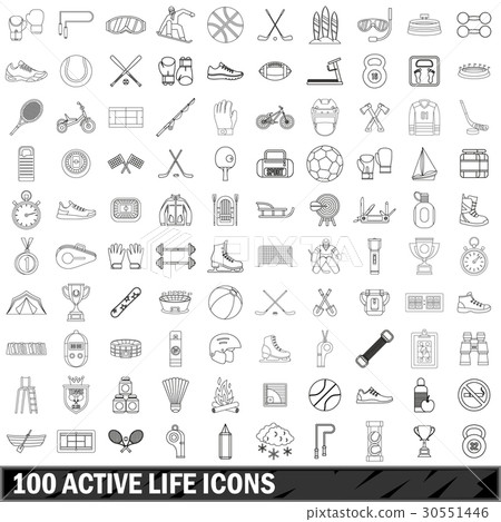 100 active life icons set, outline style - Stock Illustration [30551446 ...