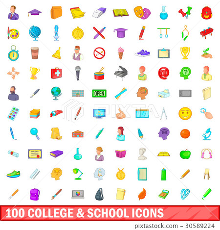 100 college and school icons set, cartoon style - Stock Illustration ...