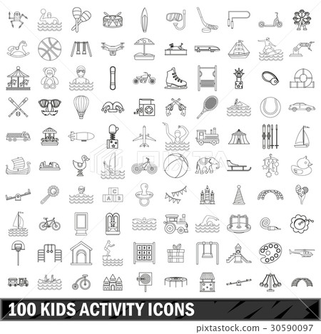 100 kids activity icons set, outline style-插圖素材 [30590097] - PIXTA圖庫