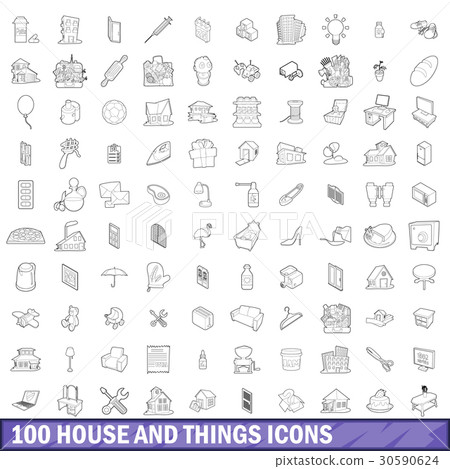100 house and things icons set, outline style - Stock Illustration ...