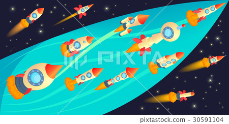 Rockets race horizontal banner, cartoon style - Stock Illustration ...