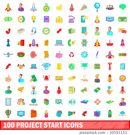 100 project start icons set, cartoon style - Stock Illustration ...