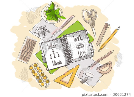 Drawn image of work table with objects - Stock Illustration [30631274 ...