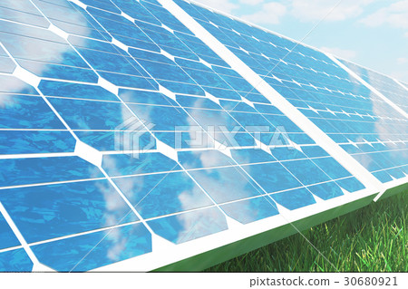 3D illustration solar panels on sky background - Stock Illustration ...