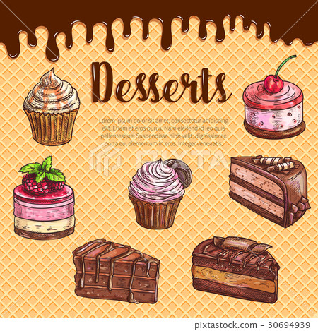 Cake dessert menu poster with chocolate cupcake - Stock Illustration ...