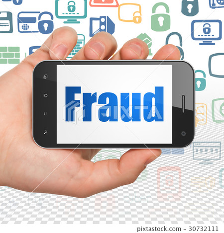 Safety concept: Hand Holding Smartphone with Fraud - Stock Illustration ...