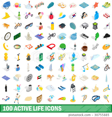 100 active life icons set, isometric 3d style - Stock Illustration ...