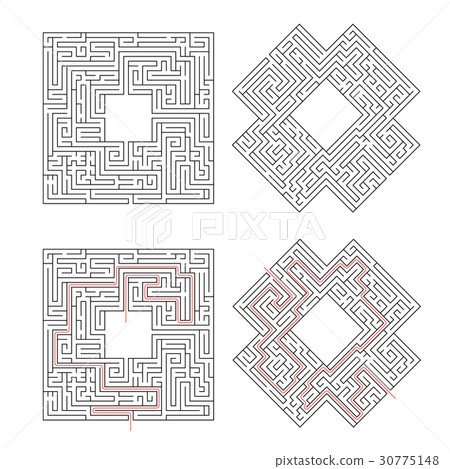 Complicated labyrinths with red path of solution - Stock Illustration ...