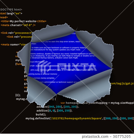 Torn hole in complicated program code and BSOD - Stock Illustration ...