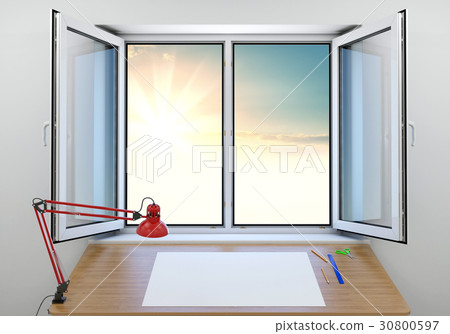 An open window overlooking a beautiful sunrise - Stock Illustration ...