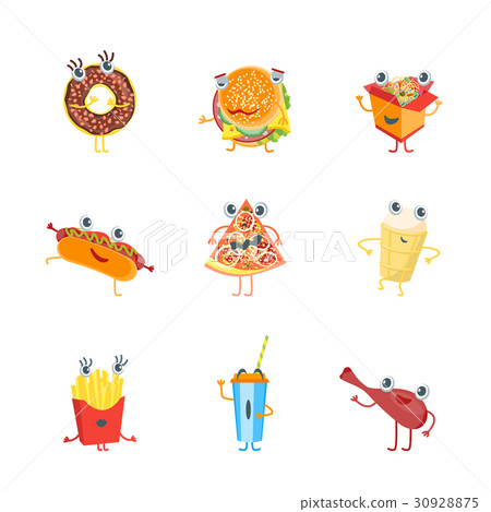 Cartoon Color Fast Food Characters Icons Set - Stock Illustration ...