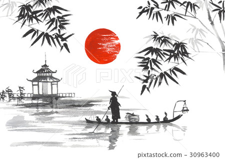 Japan Traditional japanese painting Sumi-e art - Stock Illustration ...