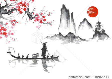 Japan Traditional japanese painting Sumi-e art Man - Stock Illustration ...