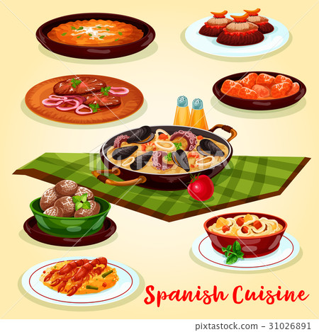 Spanish cuisine dinner menu cartoon poster design - Stock Illustration ...