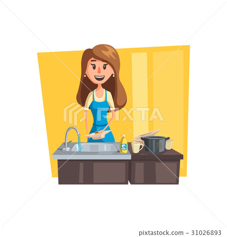 Washing dishes cartoon icon with woman housewife - Stock Illustration ...