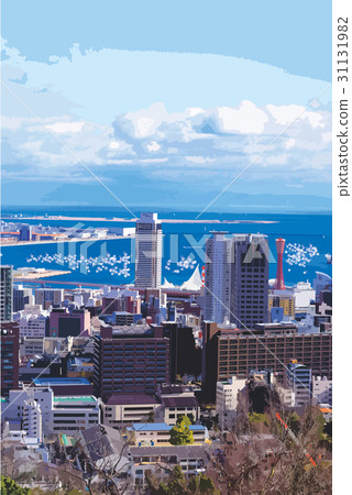 Kobe landscape with sparkling glittering sea - Stock Illustration ...