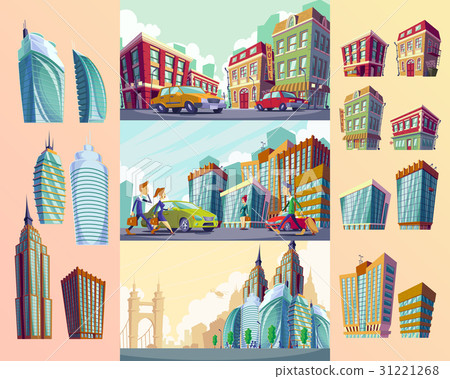 Set cartoon illustrations of an old buildings - Stock Illustration ...