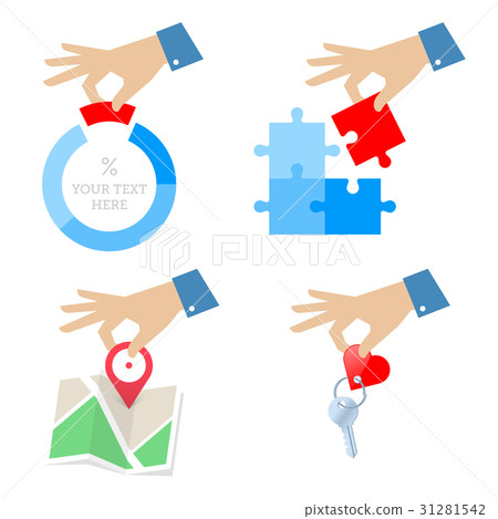 A hand with diagram, puzzle, map, home key. - Stock Illustration ...