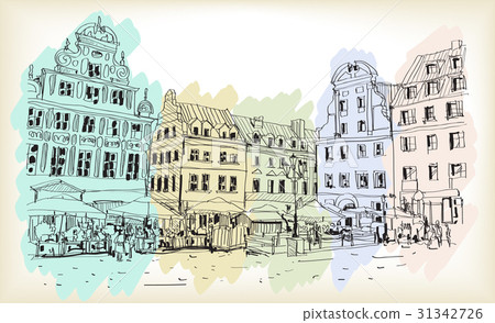 city scape drawing sketch in Poland downtown - Stock Illustration ...