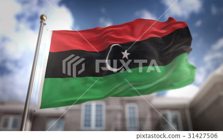 Libya Flag 3D Rendering on Blue Sky Building - Stock Illustration ...