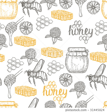 Hand drawn honey seamless pattern over white - Stock Illustration ...