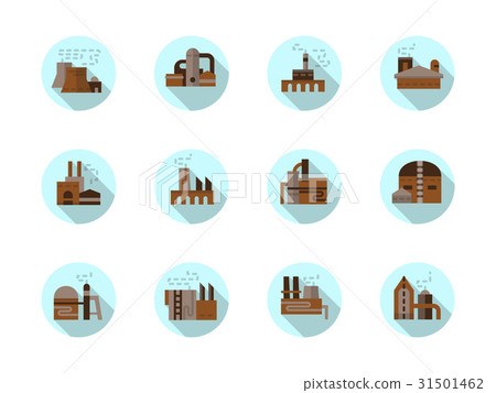Factories round flat blue vector icons set - Stock Illustration ...