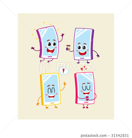 Four cartoon mobile phone, smartphone character - Stock Illustration ...