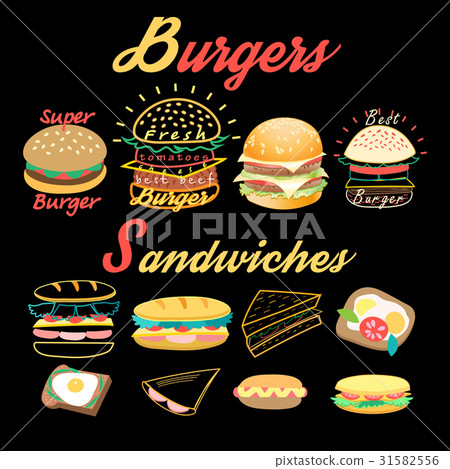 Vector set of bright burgers and sandwiches - Stock Illustration ...