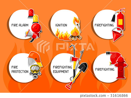 Stickers with firefighting items. Fire protection - Stock Illustration ...