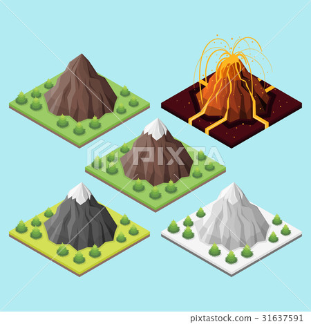 Isometric 3d set of mountains and volcano. - Stock Illustration ...