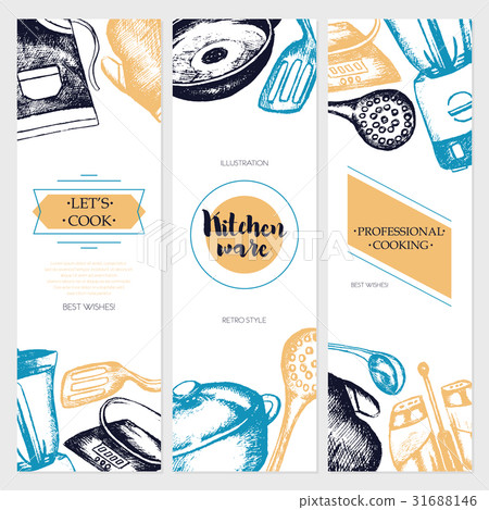 Kitchen Ware - color drawn banner template. - Stock Illustration ...