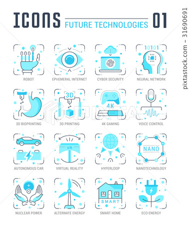 Set Vector Line Flat Icons of Future Technologies. - Stock Illustration ...