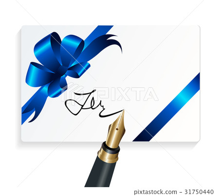 Card with blue gift bow and signing with a pen - Stock Illustration ...
