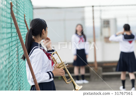 High school students practicing trumpets on the... - Stock Photo ...