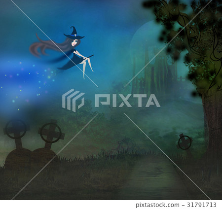 Witch flying on a broom in moonlight. - Stock Illustration [31791713 ...