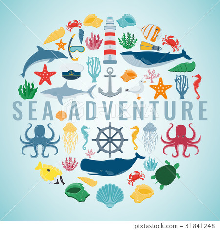 Sea icons and symbols set. Sea animals. Nautical - Stock Illustration ...
