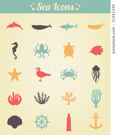Sea icons and symbols set. Sea animals. Nautical - Stock Illustration ...