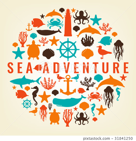 Sea icons and symbols set. Sea animals. Nautical - Stock Illustration ...